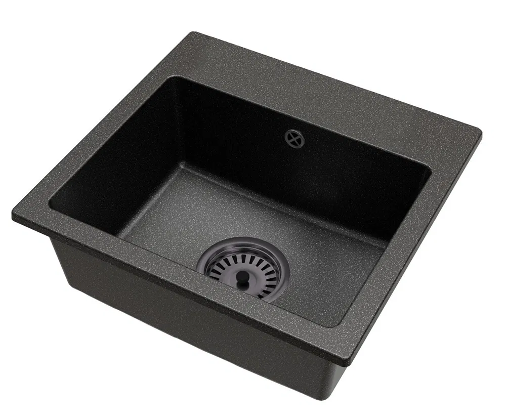 Granitový dřez DON ČERNÁ s texturou ŽULY + černý sifon 44,2 x 41,5 x 17 ...